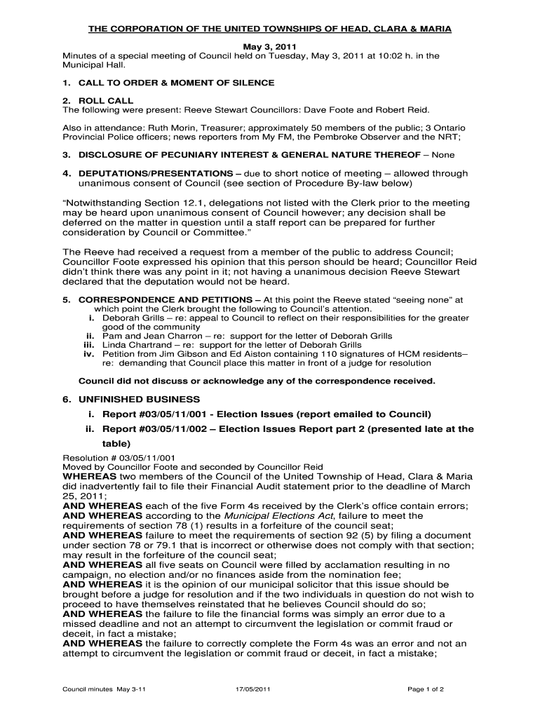 Fillable Online The following were present: Reeve Stewart Councillors: Dave Foote and Robert ...