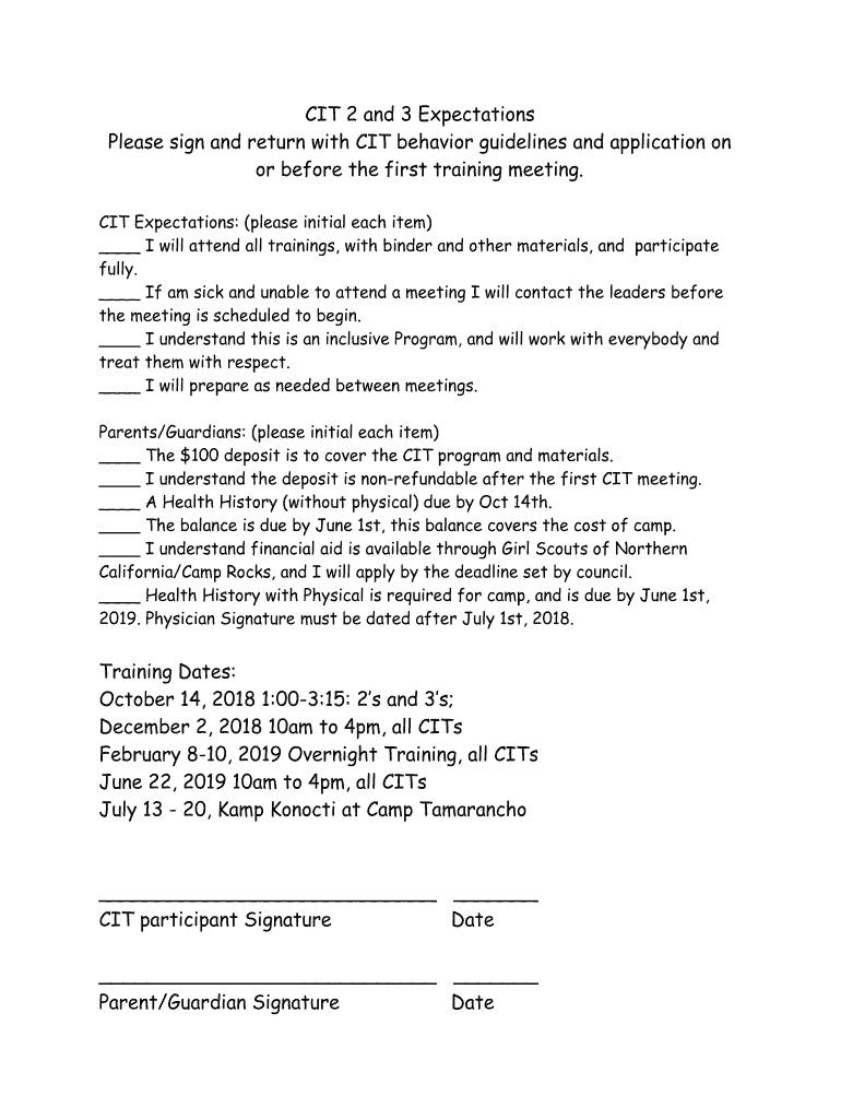 Fillable Online CIT 2 and 3 Expectations Please sign and return with ...