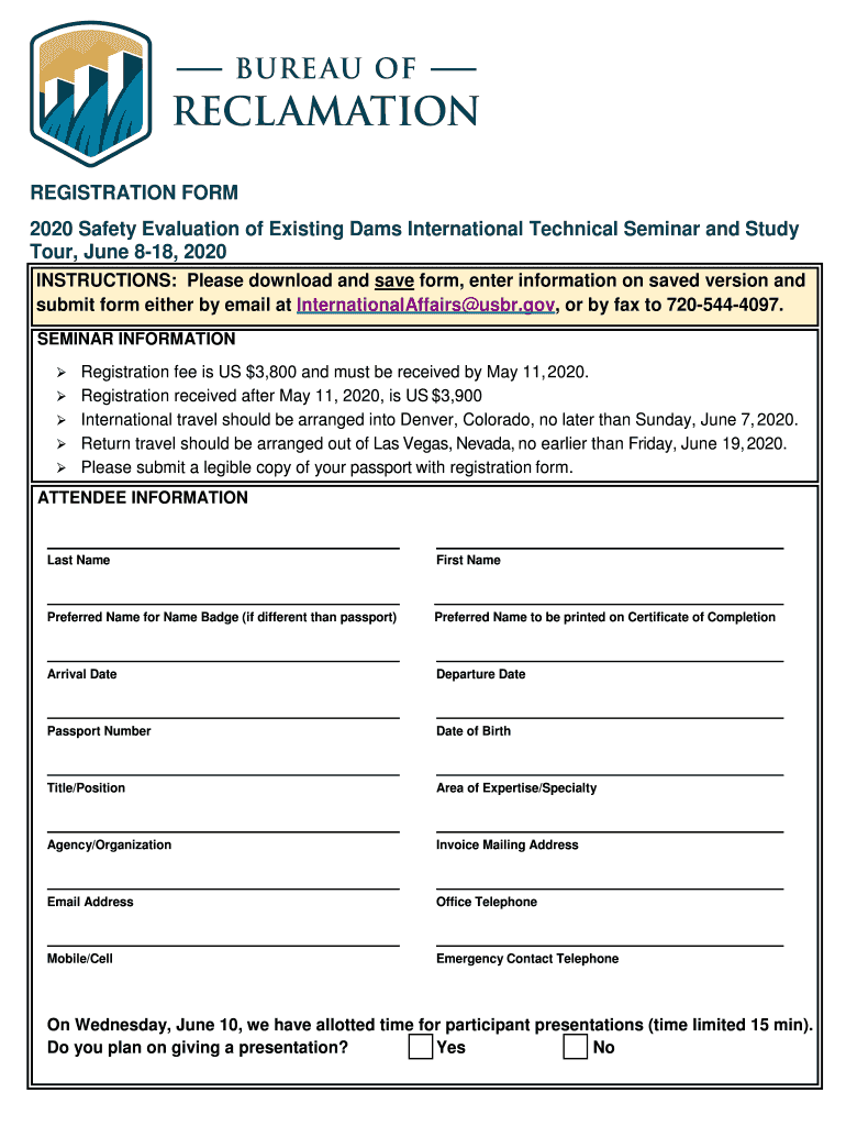 Fillable Online REGISTRATION FORM 2020 Safety Evaluation of Existing Dams ... Fax Email Print ...