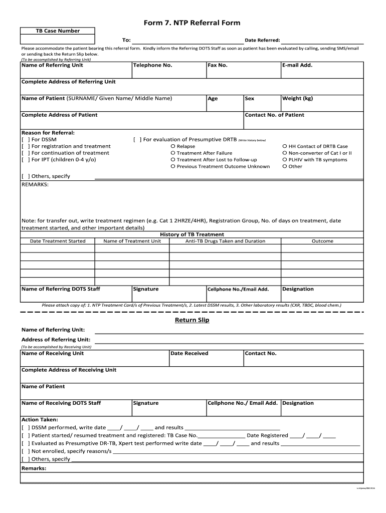 Form 7. NTP Referral Form Return Slip - National TB Control ... - Fill ...
