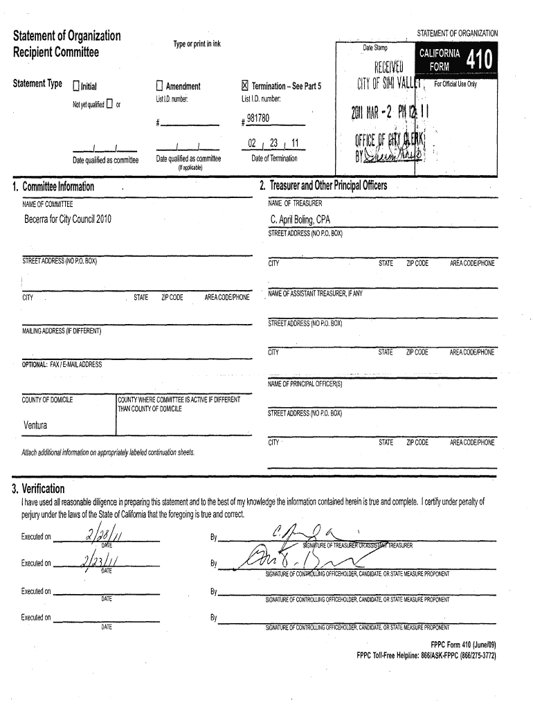 Fillable Online Form 410 for Glen T. Becerra (Statement of Organization Recipient Committee ...