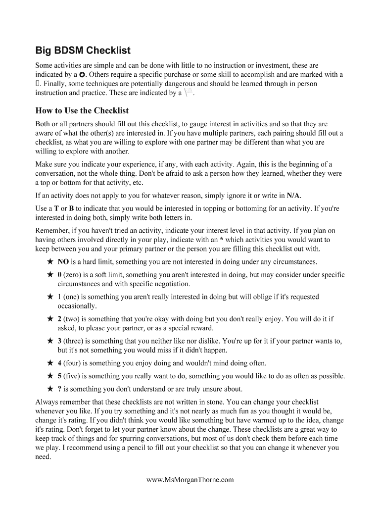 MsMorganThorn Big BDSM Checklist Form - Fill Online, Printable, Fillable, Blank - pdfFiller