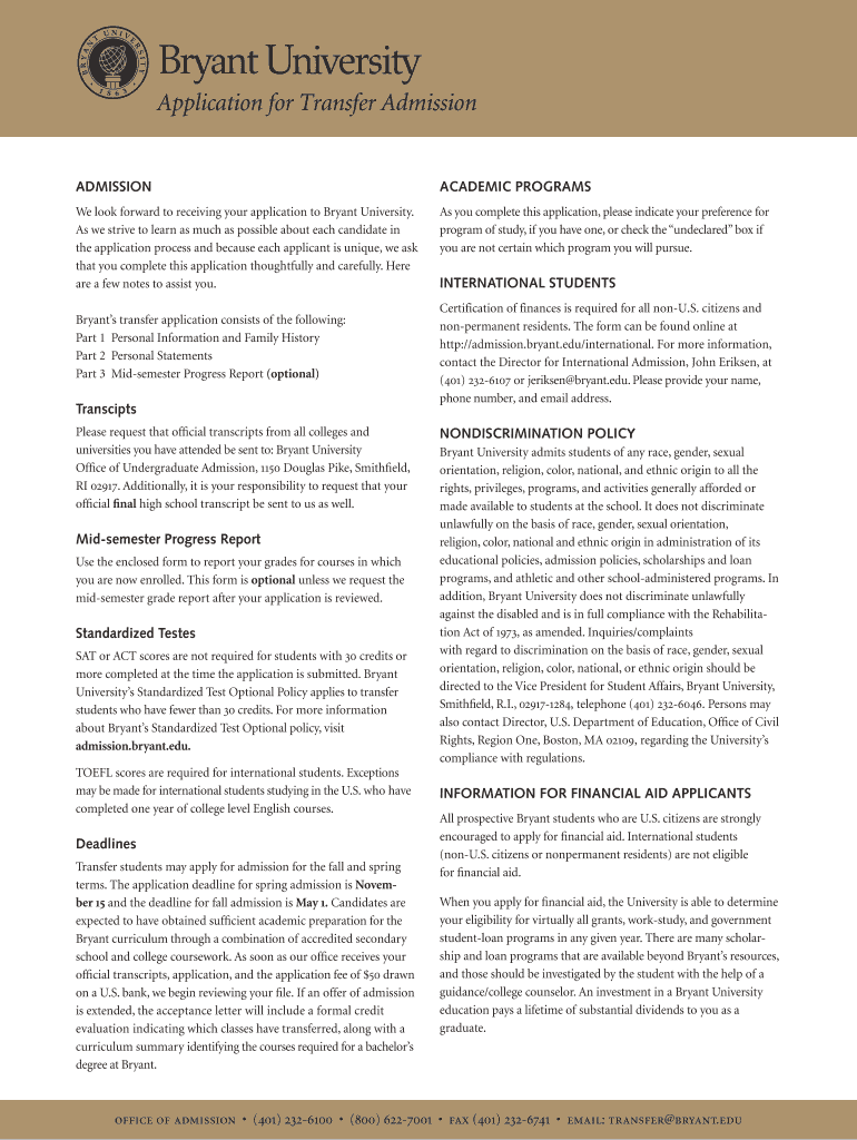 Bryant University Application For Transfer Admission 2017-2022 - Fill ...