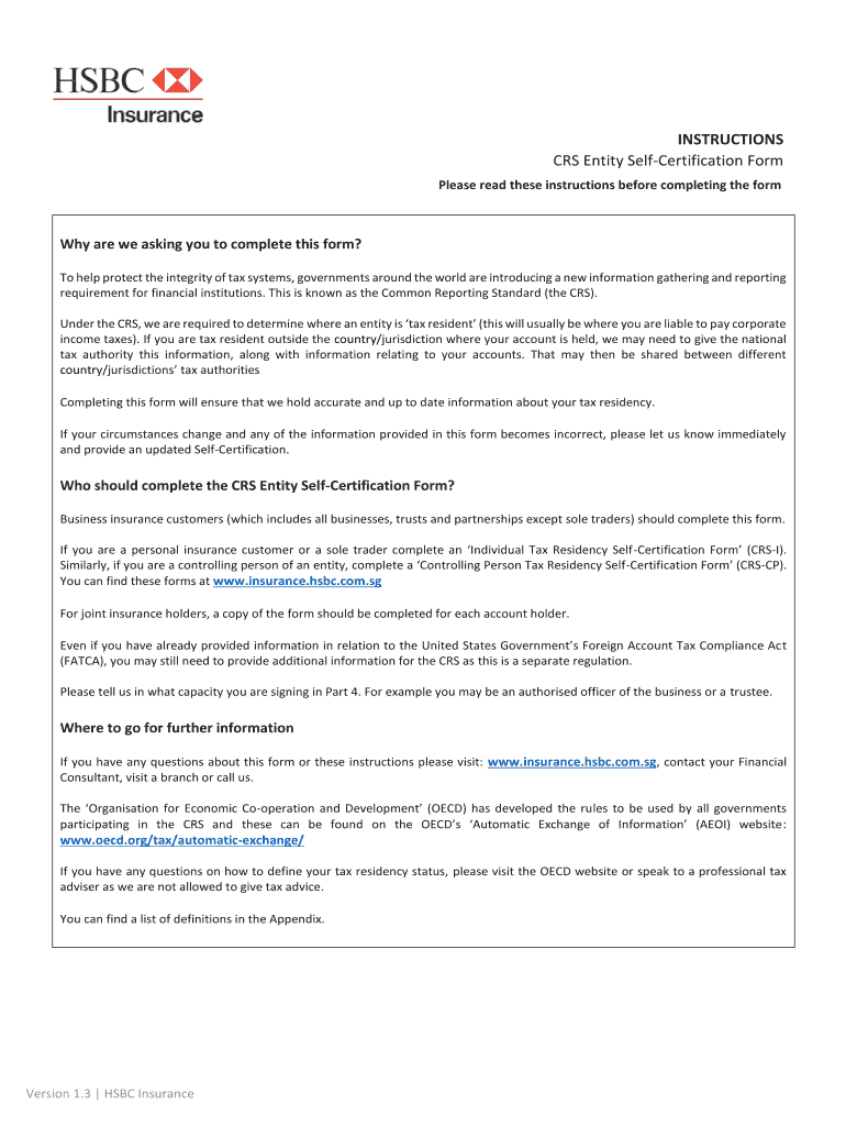 Fillable Online INSTRUCTIONS CRS Entity Self-Certification Form - HSBC ... Fax Email Print ...