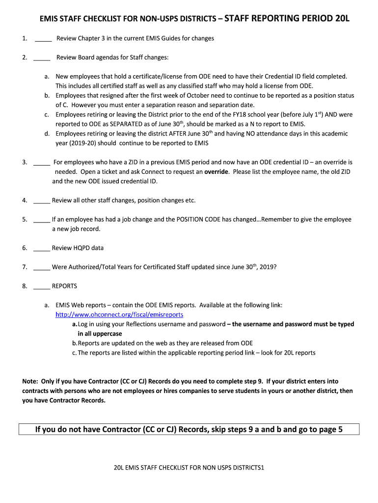 Fillable Online 20L EMIS Staff Checklist for NON USPS Districts ...