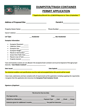 Fillable Online DUMPSTER/TRASH CONTAINER PERMIT APPLICATION Fax Email ...