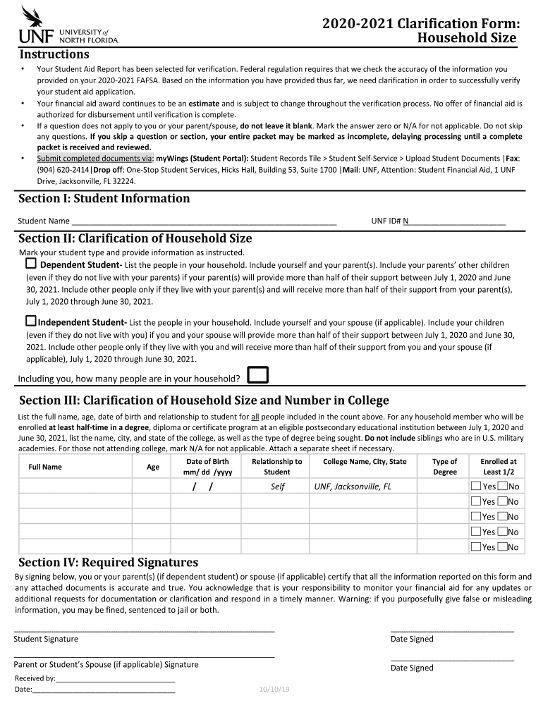 Fillable Online 2020-2021 Clarification Form: Household Size Fax Email ...