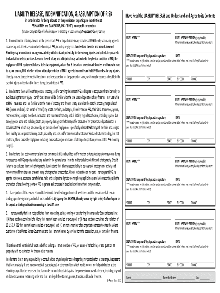 Fillable Online Fillable Online Pelham Fish & Game Club Release Form ...