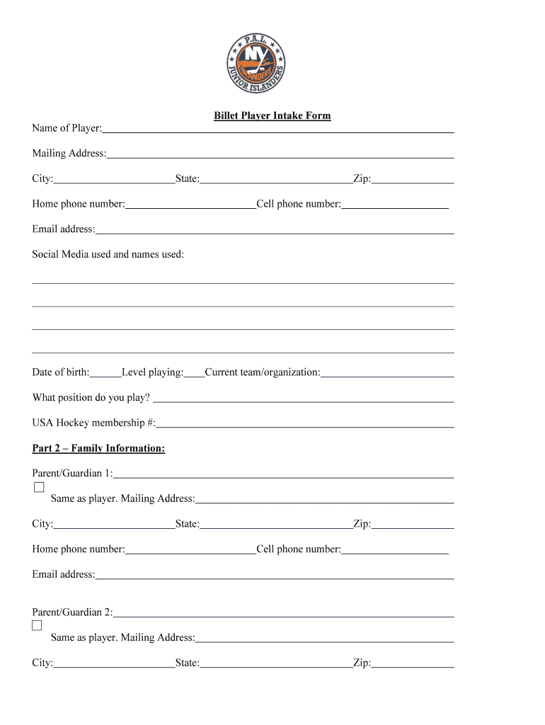Fillable Online Billet Player Intake Form Name of Player: Mailing ...