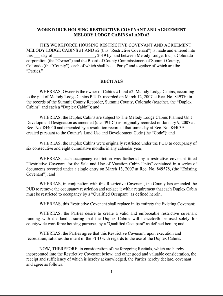 Fillable Online 1 workforce housing restrictive covenant and agreement ...