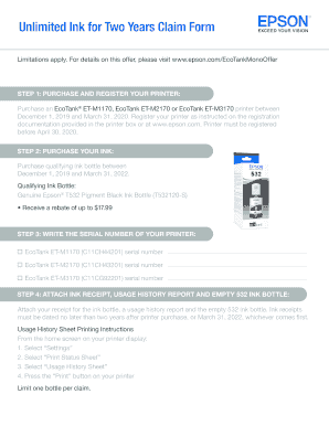 Fillable Online Unlimited Ink for Two Years Claim Form - Epson Fax ...