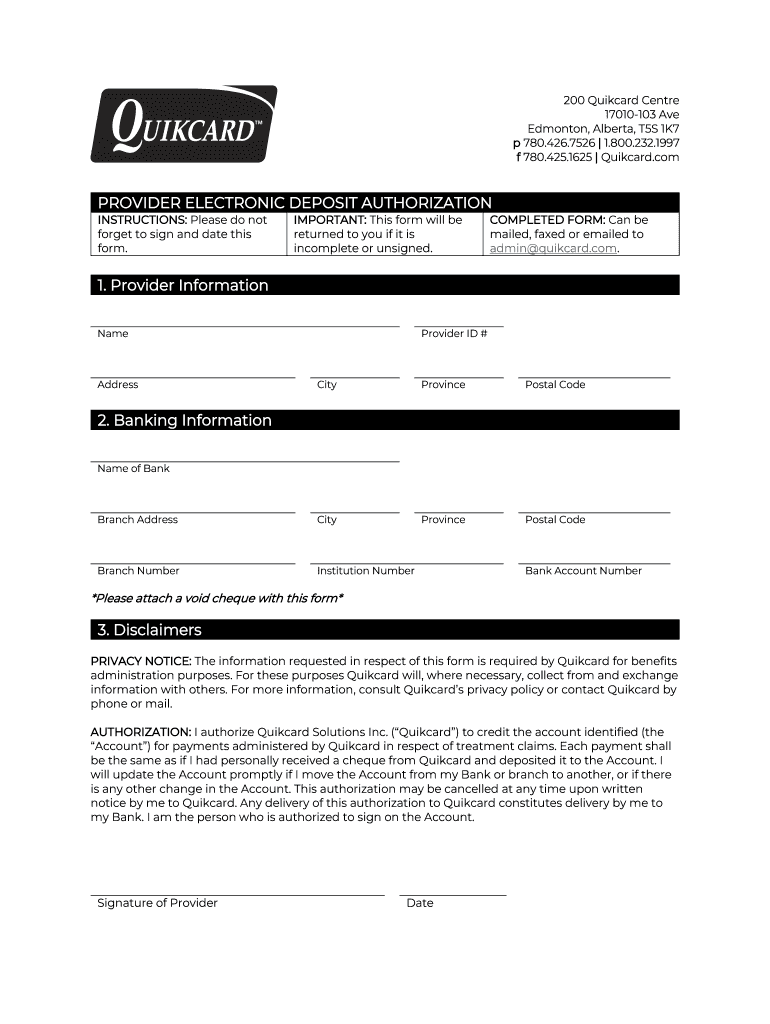 Fillable Online Provider Electronic Deposit Authorization - Quikcard ...