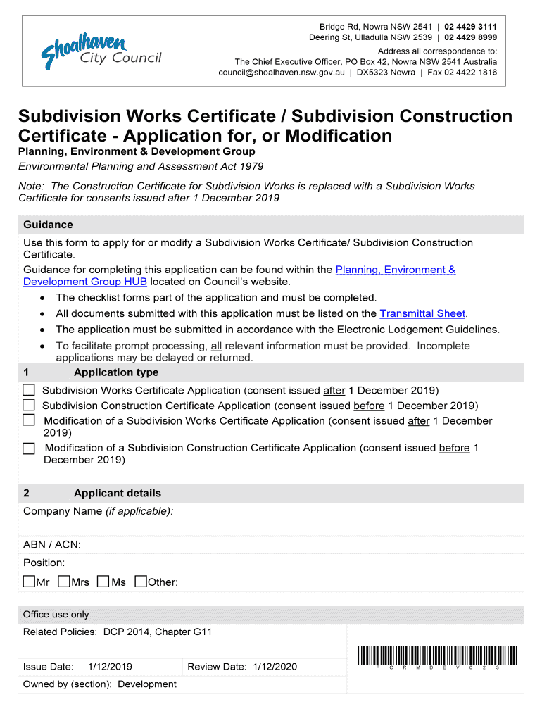 Fillable Online Subdivision Works Certificates - NSW Department of ...