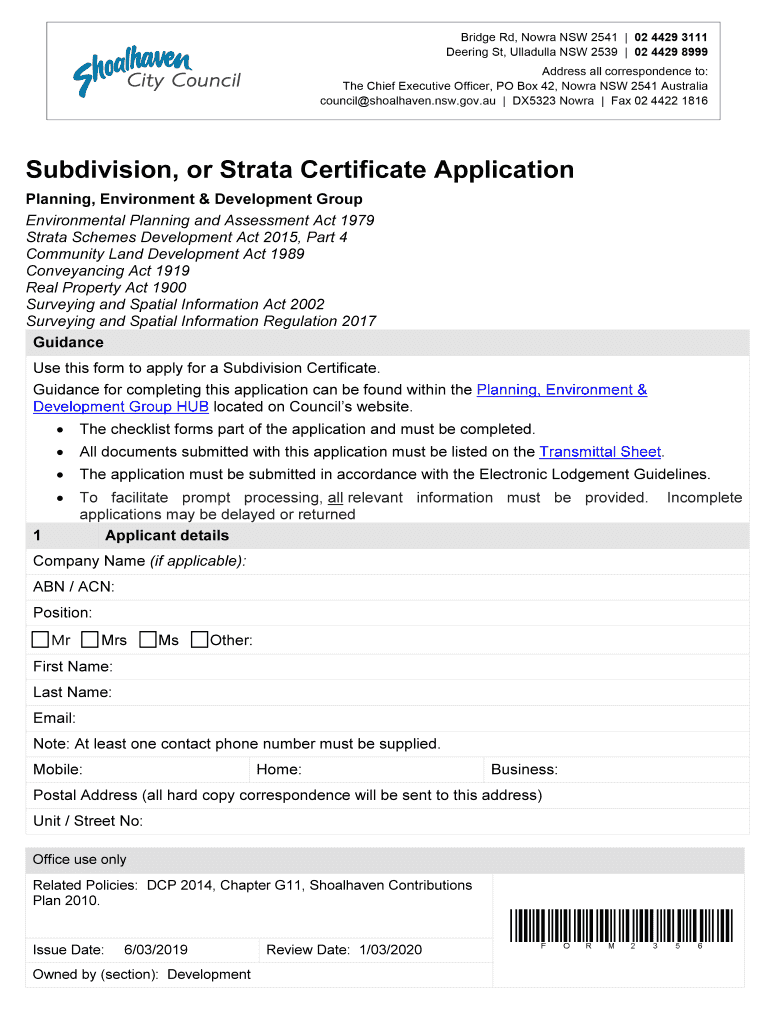 Fillable Online Subdivision, or Strata Certificate Application - NSW Government Fax Email Print ...