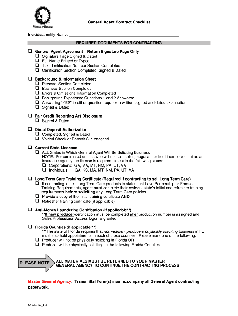 Fillable Online General Agent Contract Checklist REQUIRED DOCUMENTS FOR ...
