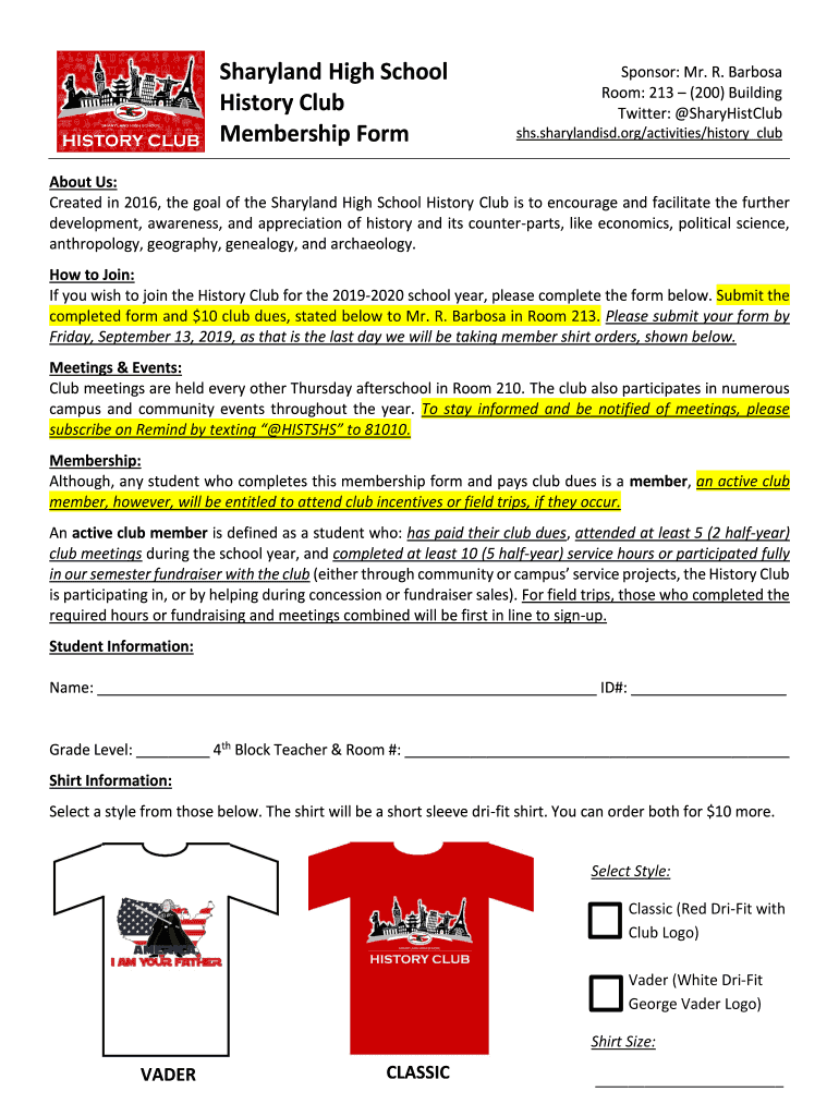 Fillable Online Sharyland High School History Club Membership Form Fax ...