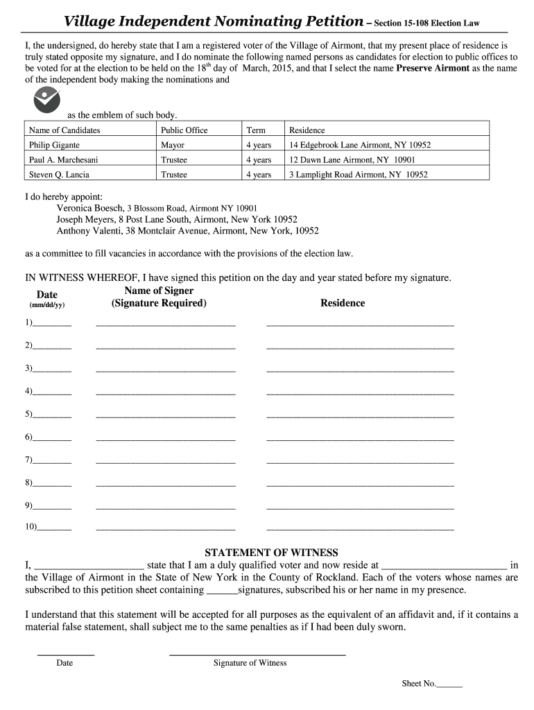 Fillable Online Village Independent Nominating Petition - Preserve Airmont, NY Fax Email Print ...