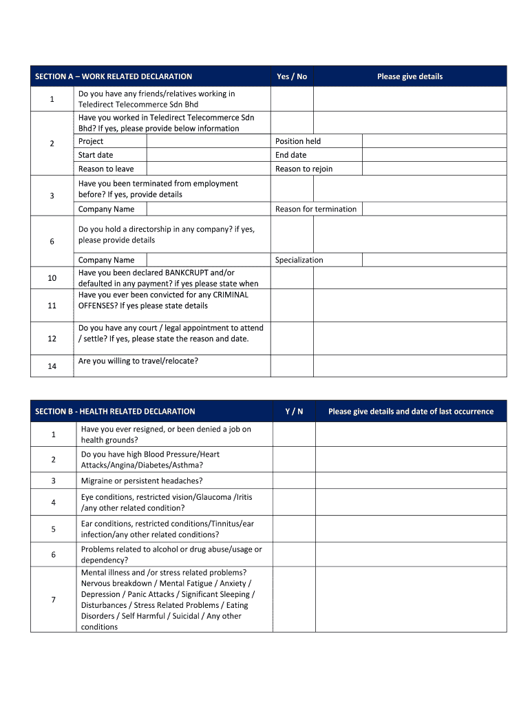 Fillable Online SECTION A WORK RELATED DECLARATION Yes / No Please give ...