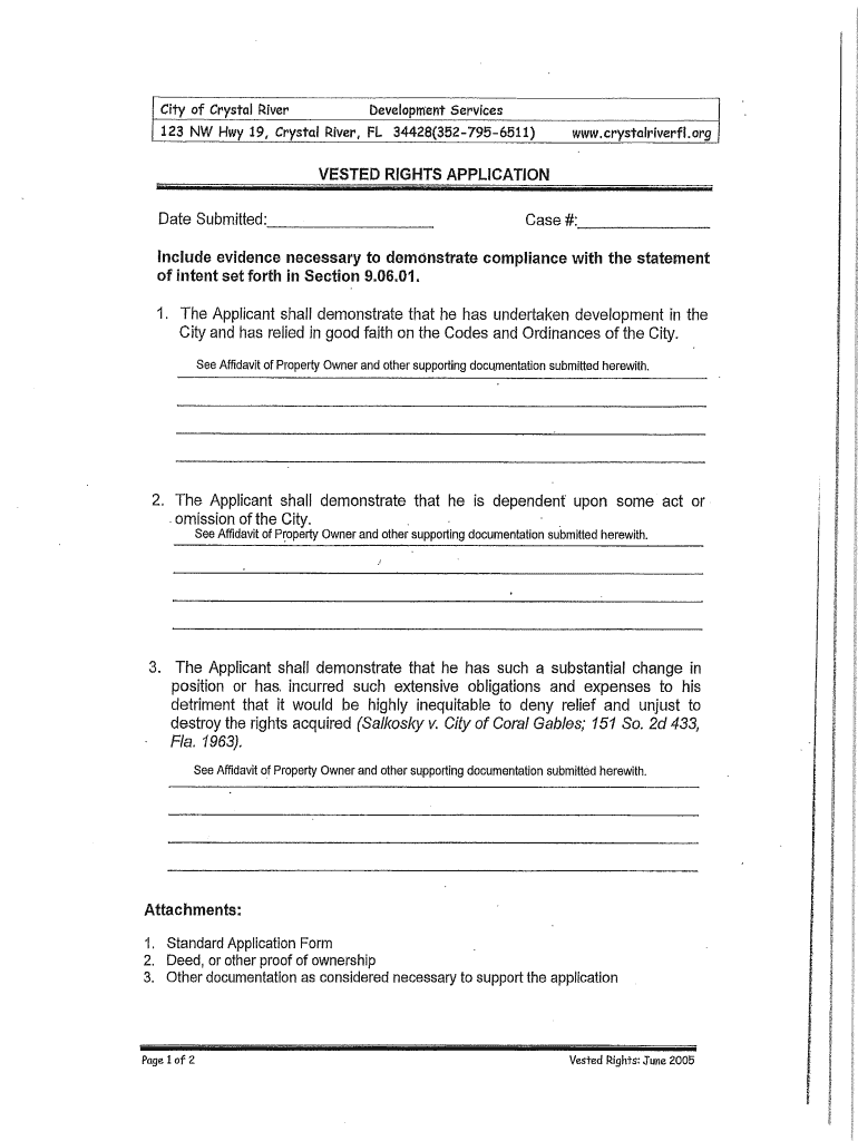 Fillable Online VESTED RIGHTS APPLICATION Fax Email Print - pdfFiller