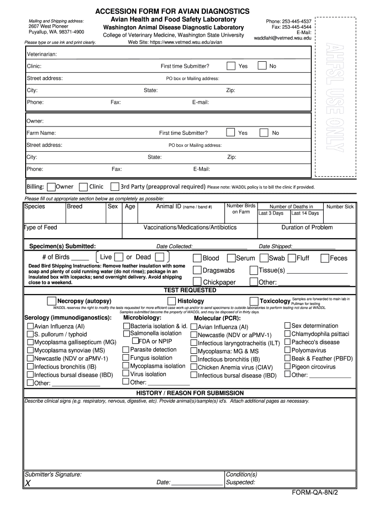Fillable Online ACCESSION FORM FOR AVIAN DIAGNOSTICS - WADDL Fax Email ...