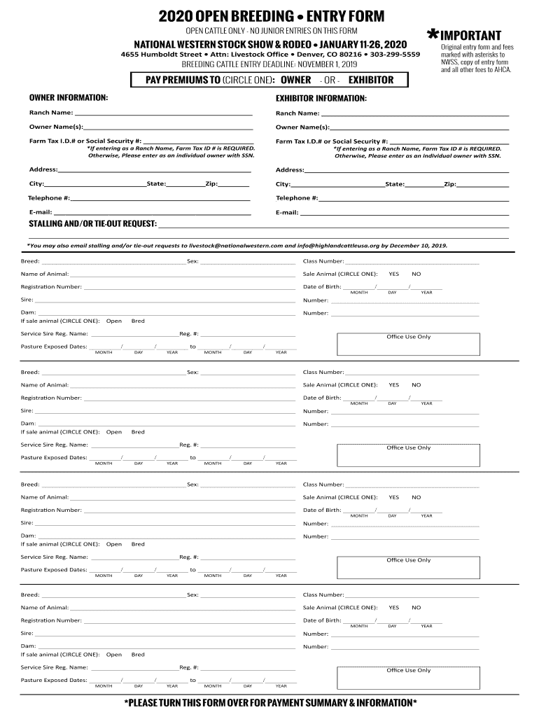 Fillable Online 2020 OPEN BREEDING ENTRY FORM Fax Email Print - pdfFiller