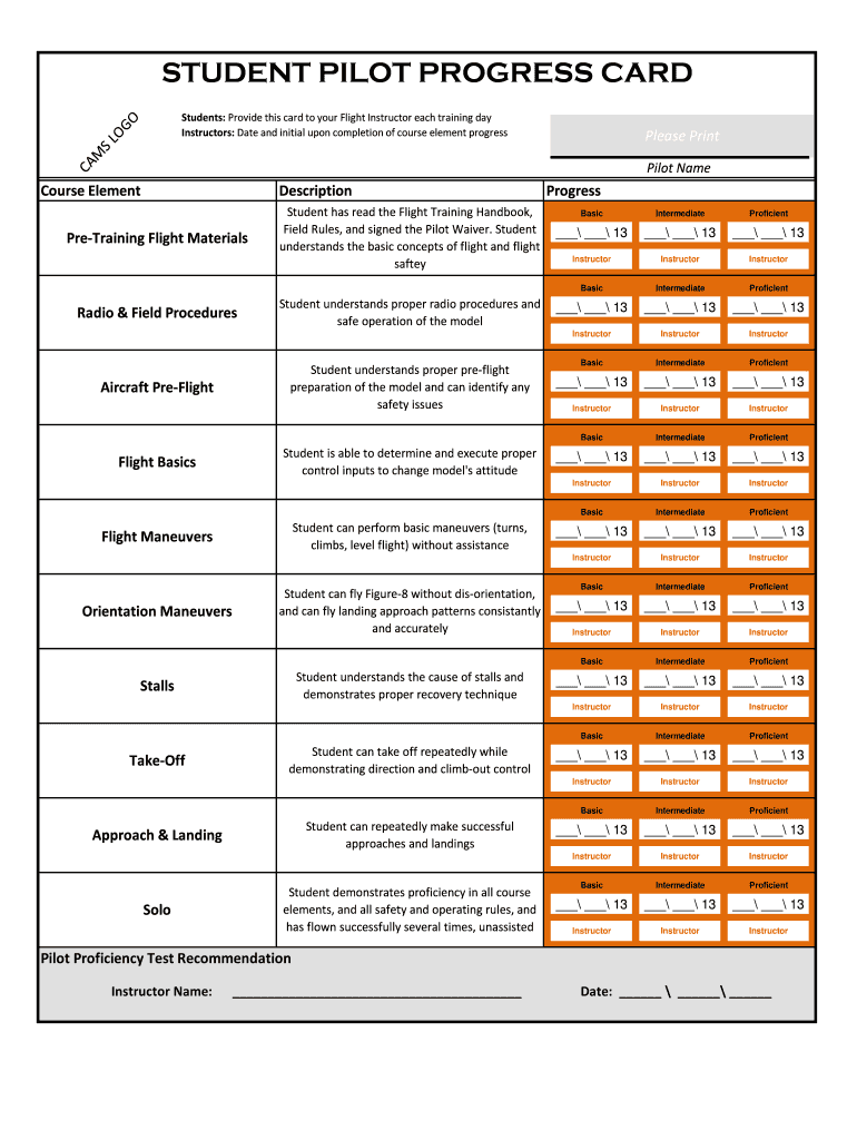 Fillable Online STUDENT PILOT PROGRESS CARD - RC Flightdeck Fax Email ...