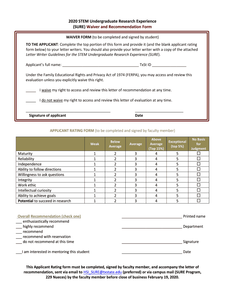 Fillable Online gato-docs its txstate (SURE) Waiver and Recommendation Form Fax Email Print ...