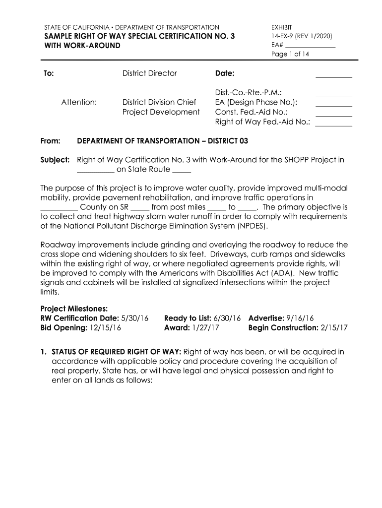 Fillable Online dot ca 14-EX-09, Sample Right of Way Special Certification No. 3 with Work ...