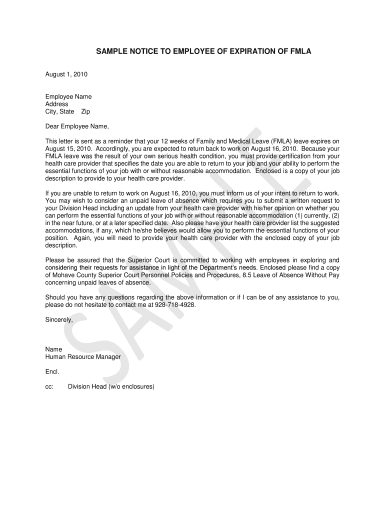 Fillable Online sample notice to employee of expiration of fmla ...