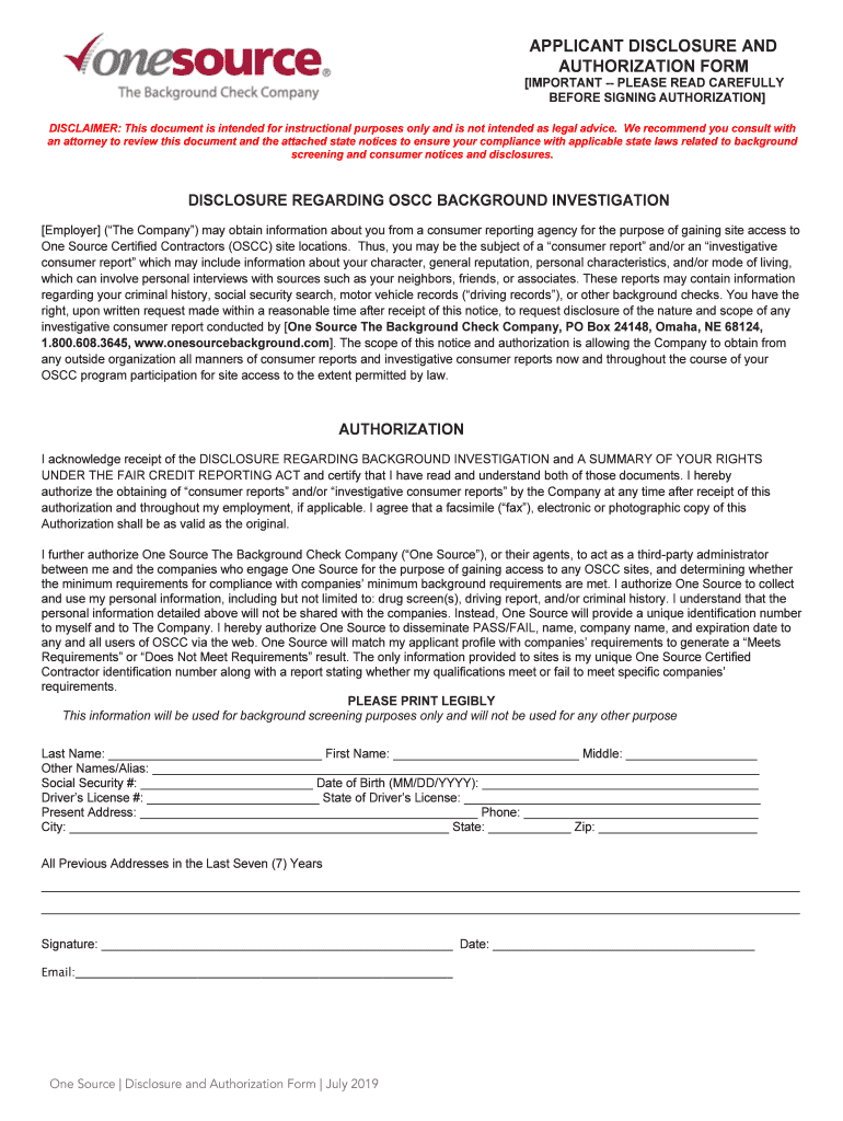 Fillable Online applicant disclosure and authorization form - One Source ... Fax Email Print ...