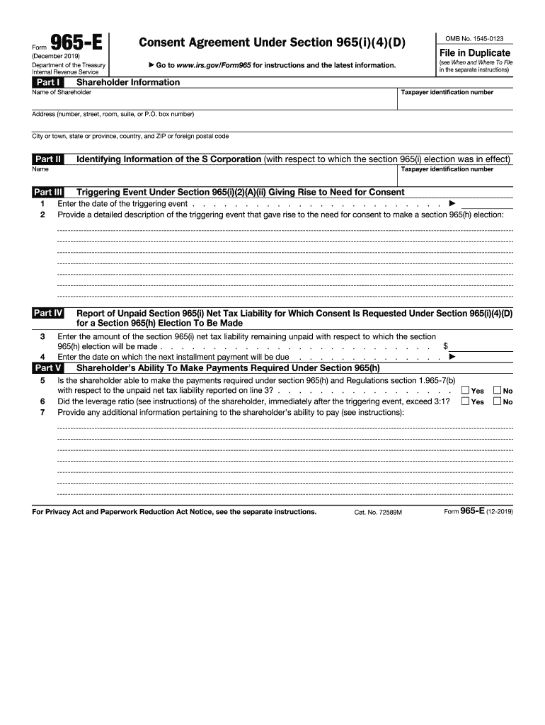 Fillable Online Form 965-E (December 2019). Consent Agreement Under ...