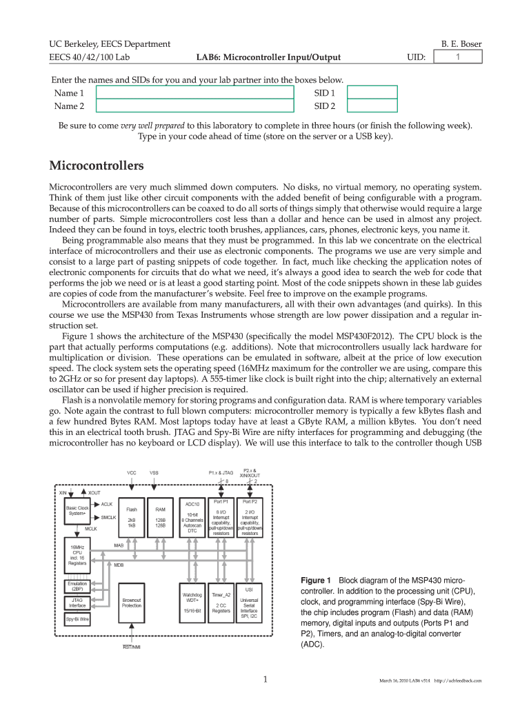 Fillable Online Inst Eecs Berkeley Microcontroller Inputoutput Uc Berkeley Eecs