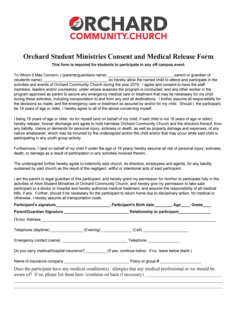 Fillable Online Orchard Student Ministries Consent and Medical Release ...