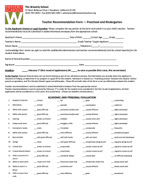 Fillable Online Teacher Recommendation Form Preschool and Kindergarten ...