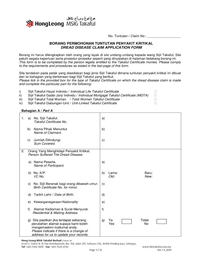 Fillable Online Claim No - Hong Leong MSIG Takaful Fax Email Print ...