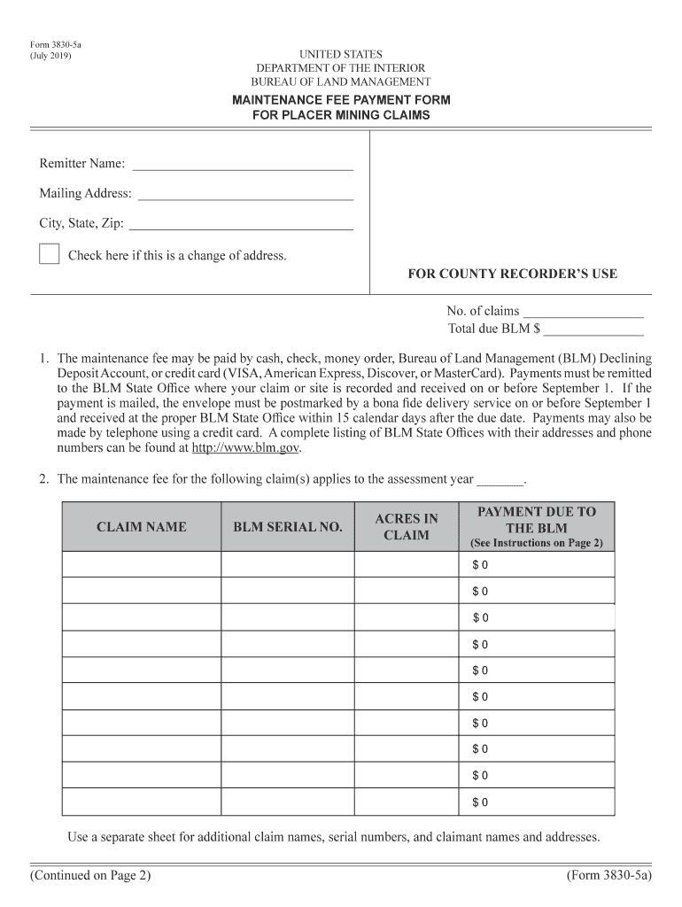 Fillable Online Maintenance Fee Payment Form for Lode Claims, Mill ...