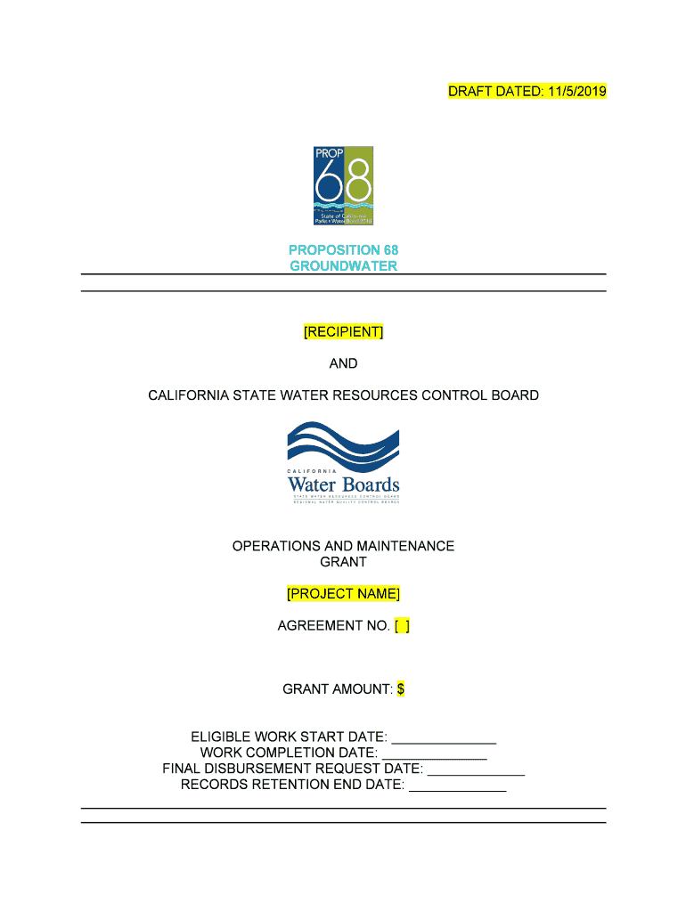Fillable Online Prop 68 Groundwater Grant Agreement Template. Prop 68 ...