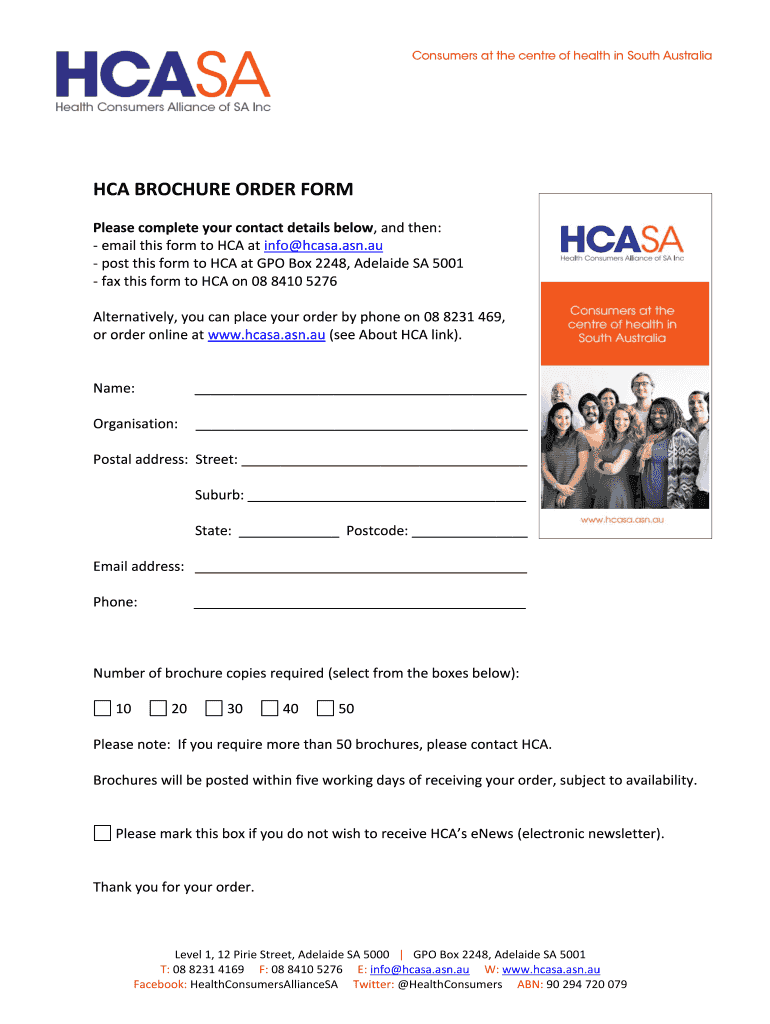 Fillable Online HCA BROCHURE ORDER FORM - Health Consumers Alliance of ...