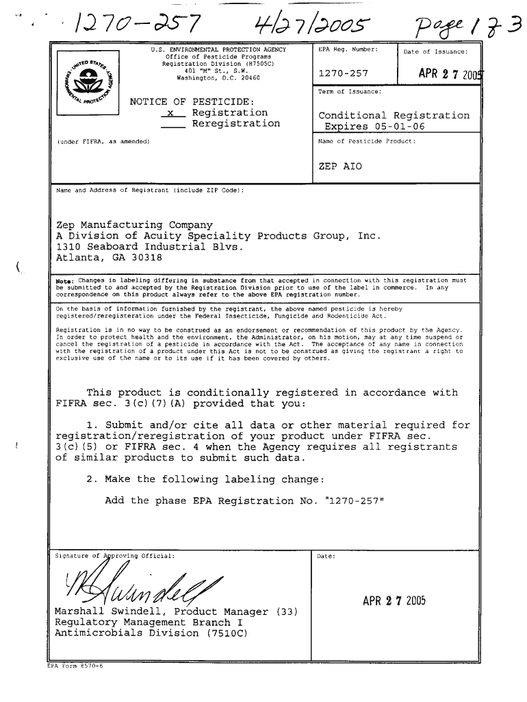 Fillable Online U.S. EPA, Pesticide Product Label, ZEP AIO, 04/27/2005 ...