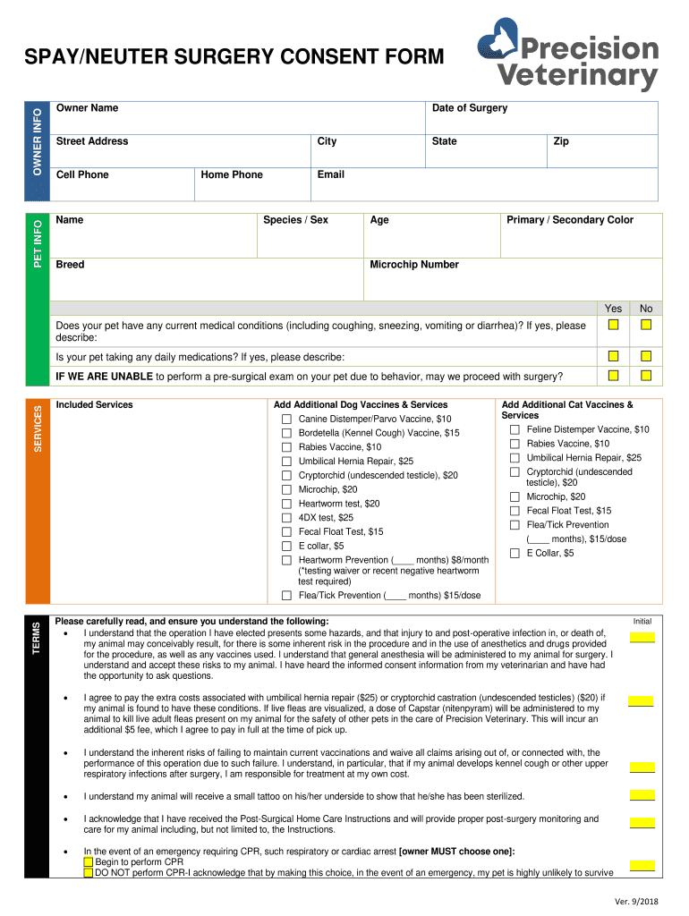 Fillable Online spay/neuter surgery consent form - Precision Veterinary ...