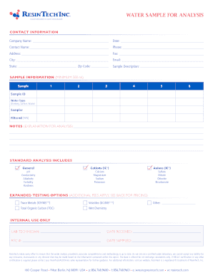 Fillable Online WATER SAMPLE FOR ANALYSIS Fax Email Print - pdfFiller