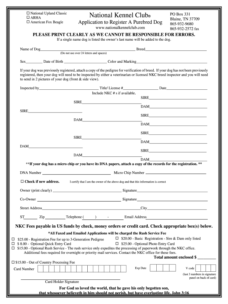 Fillable Online APPLICATION TO REGISTER A PUREBRED DOG Fax Email Print ...