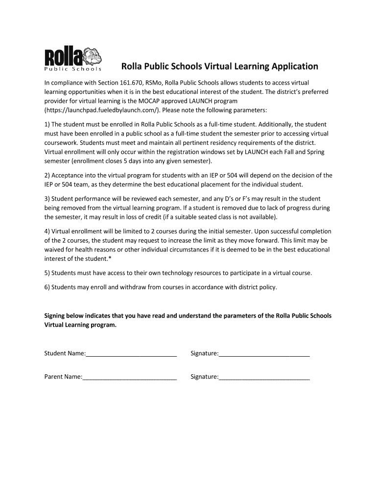 Fillable Online Rolla Public Schools Virtual Learning Application Fax ...