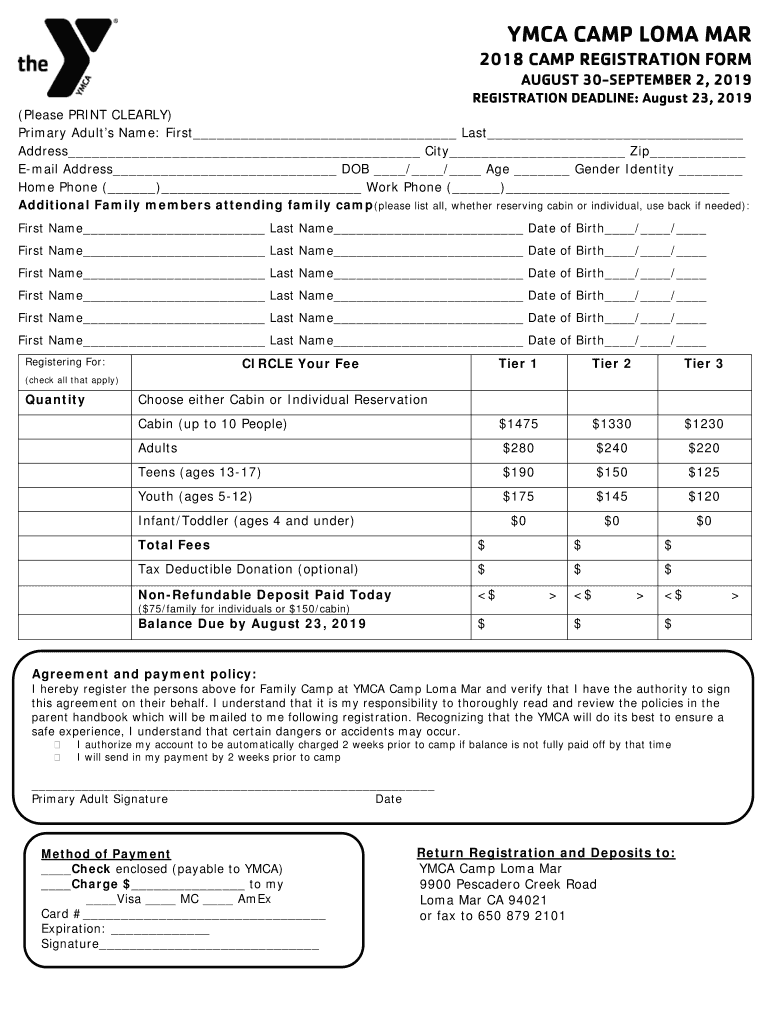 Fillable Online 2019 Summer Camp Registration Form - YMCA of Grays ...