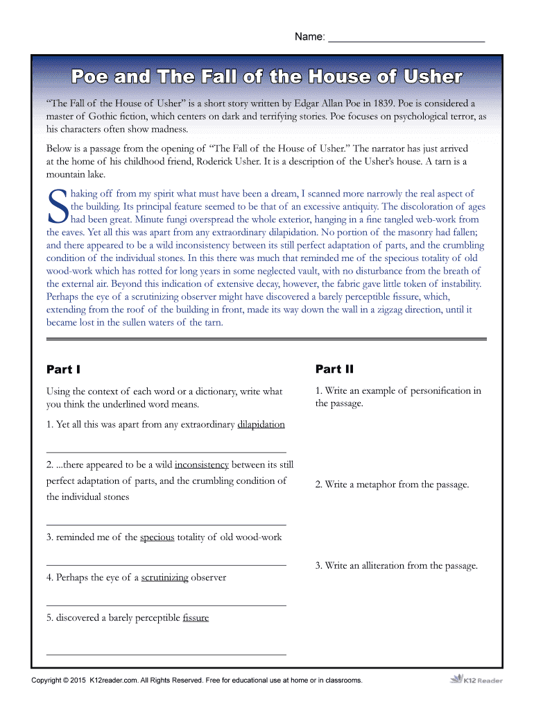 Fillable Online The Fall of the House of Usher is a short story written ...