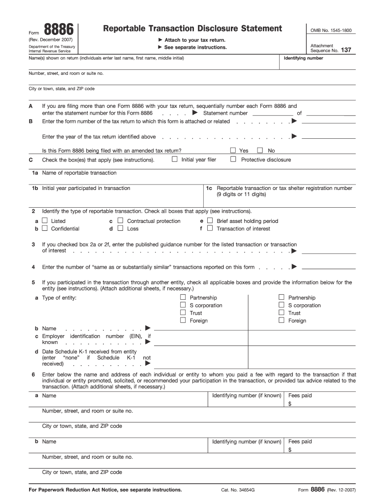 Fillable Online Form 8886 (Rev. December 2007). Reportable Transaction ...
