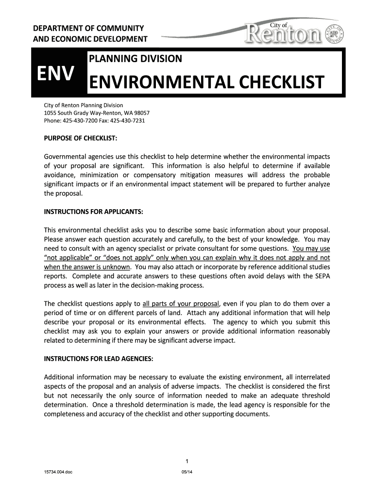 Fillable Online ftp rentonwa ENV ENVIRONMENTAL CHECKLIST Fax Email ...