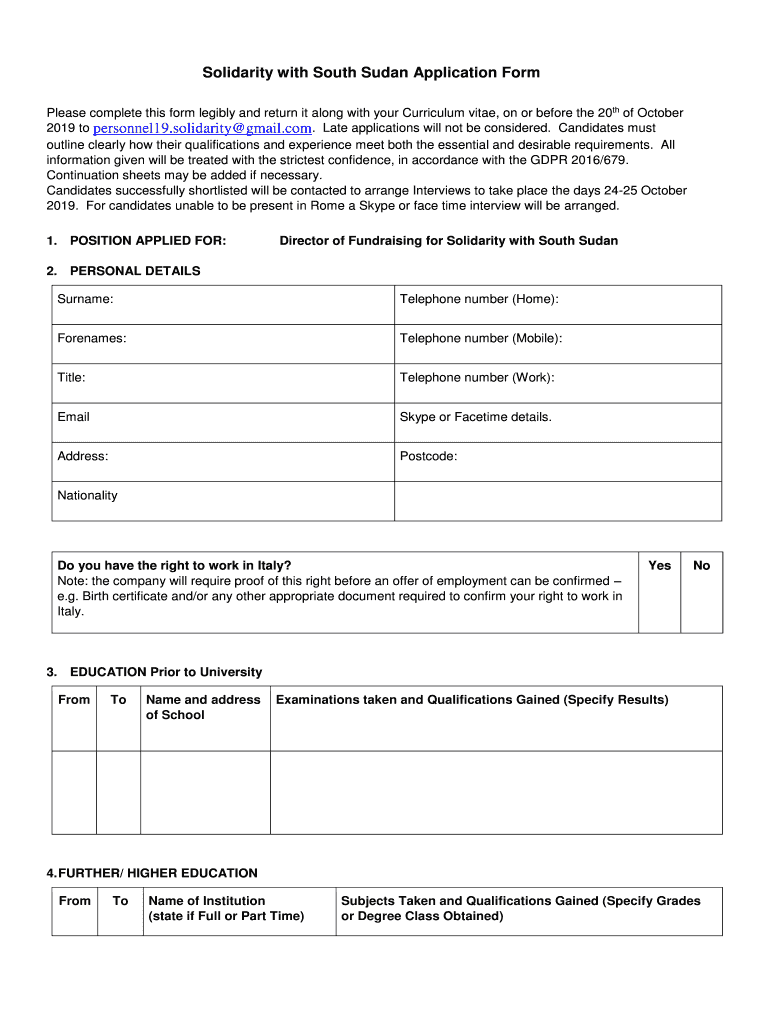 Fillable Online job application form - Solidarity with South Sudan Fax ...
