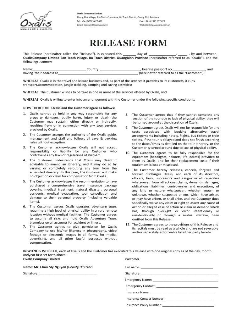 Fillable Online RELEASE FORM - oxalisadventure.com Fax Email Print - pdfFiller