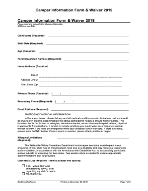 Fillable Online Camper Information Form & Waiver 2019. Created with ...